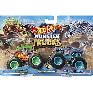 Hot Wheels Monster Trucks 1:64 Scale Dino 2-Pack, Set with Motosaurus & Mega-Wrex, Toy for Kids & Collectors