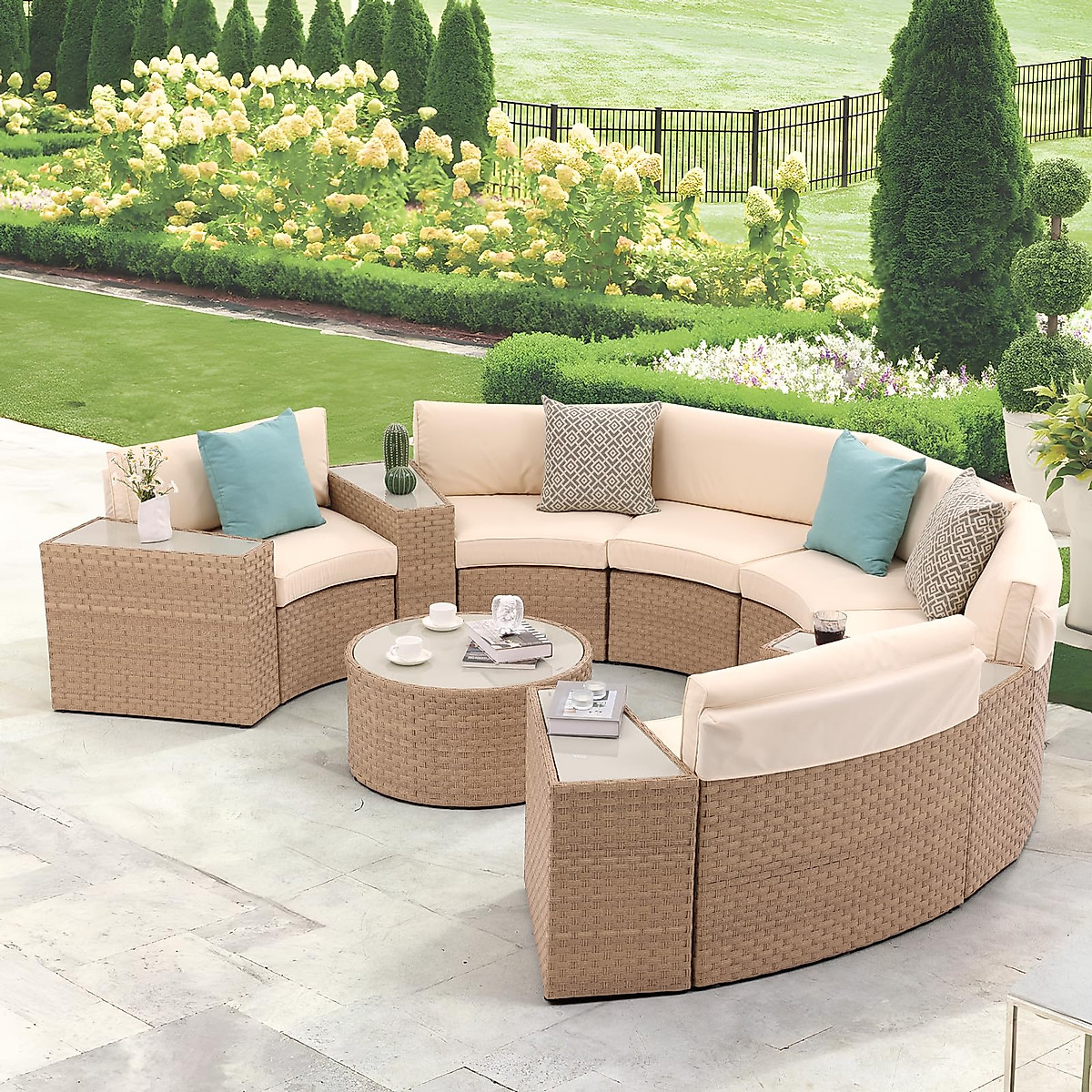 SUNSITT Outdoor Sectional Set 11-Piece Half Moon Patio Furniture Natural Color Wicker Sofa Creamy White Cushions with 4 Side Table and 4 Pillows