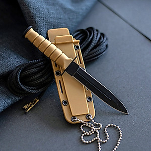 ASR Tactical Serrated Fixed Blade Outdoor Camping Wearable Neck Knife With Sheath, 6", Tan