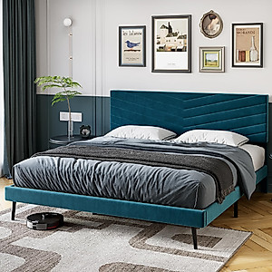 Homhougo Full Size Bed Frame with Adjustable Headboard, Velvet Upholstered Platform Bed with Solid Wood Slats Support, No Box Spring Needed, Noise-Free, Green
