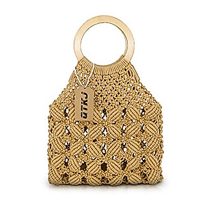 QTKJ Boho Women's Summer Beach Straw Crochet Bag Hollow Out Hand-Woven Cotton Tote Bag Purse with Wooden Round Handle (Khaki)
