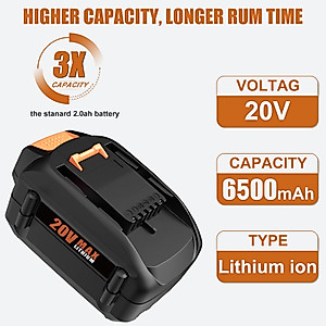 Bakipante 2Pack 20V 6.5Ah Lithium Battery for WOR 20 Volt Battery WA3575 WA3525 WA3578 WA3520 WA3742 WG155s WG251s WG890 WG890 WG891 Fit for WOR 20V Cordless Tools