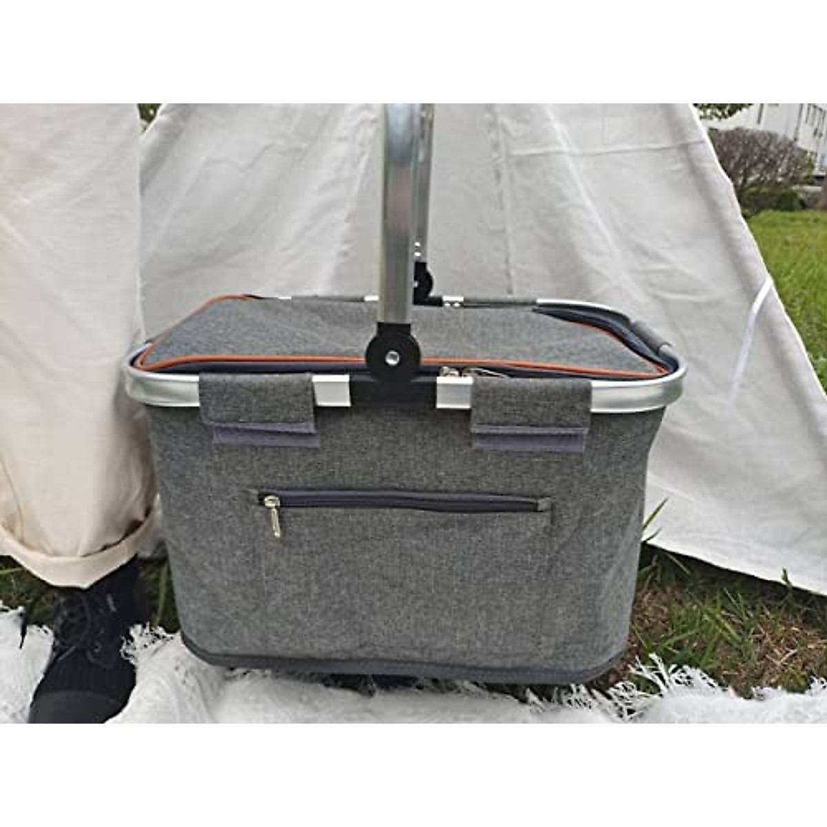 Pamime 35L Large Picnic Basket Aluminum Folding Picnic Basket Insulated Lunch Bag Padded Handle Picnic Basket for Men for Travel Cooler Shopping Camping Grocery Bags(Grey)