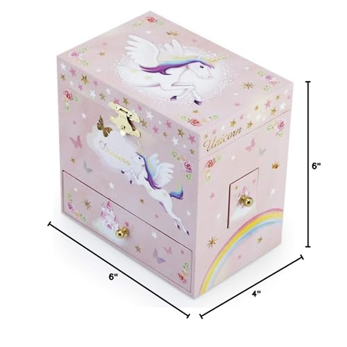 Musical Jewelry Box for Little Girls with 3 Drawers and Jewelry Set with Spinning Unicorn and Rainbow Butterfly Design - Over the Waves Tune Pink