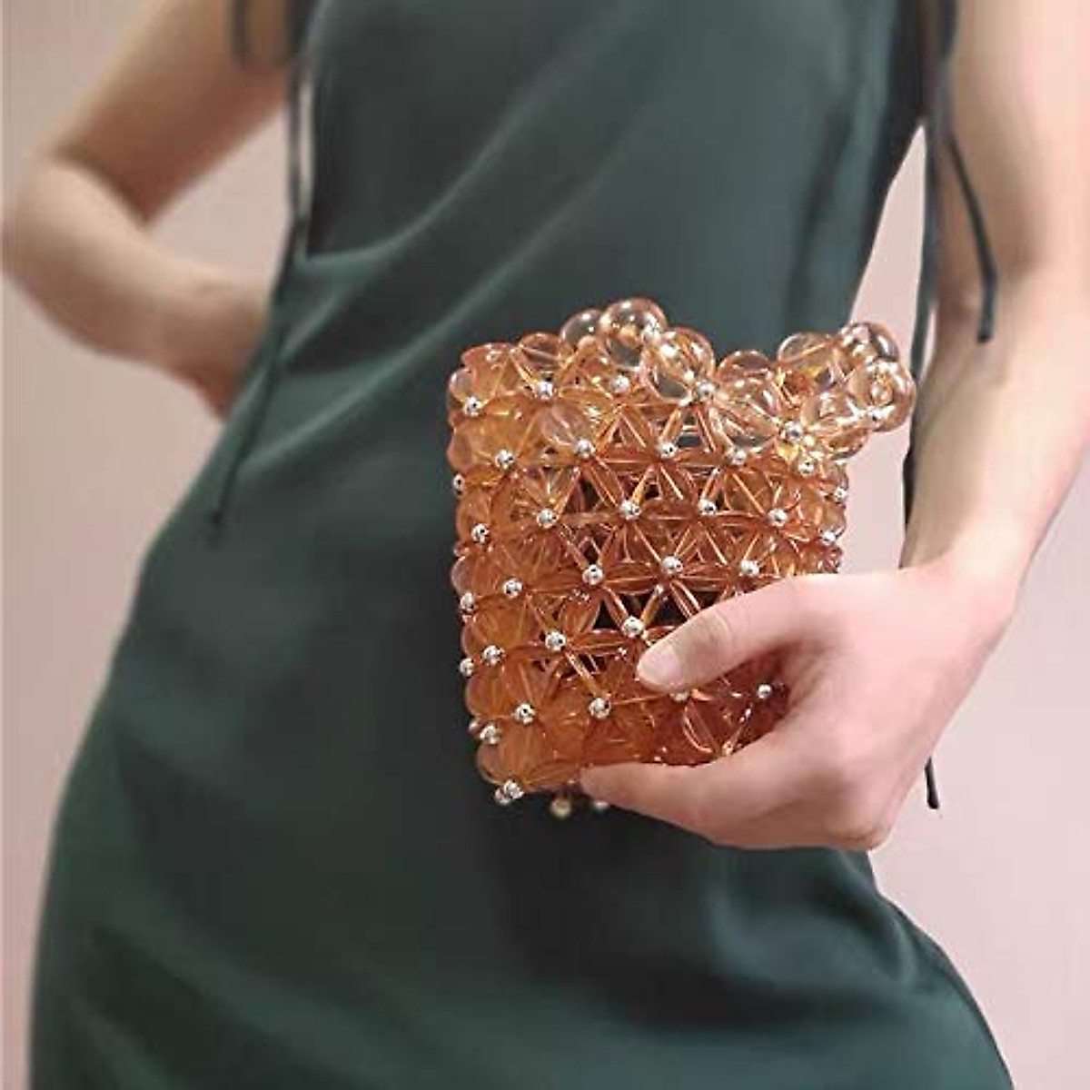 YUSHINY Women Amber Colored Transparent Acrylic Beaded Handmade Bucket Bag for Wedding Party