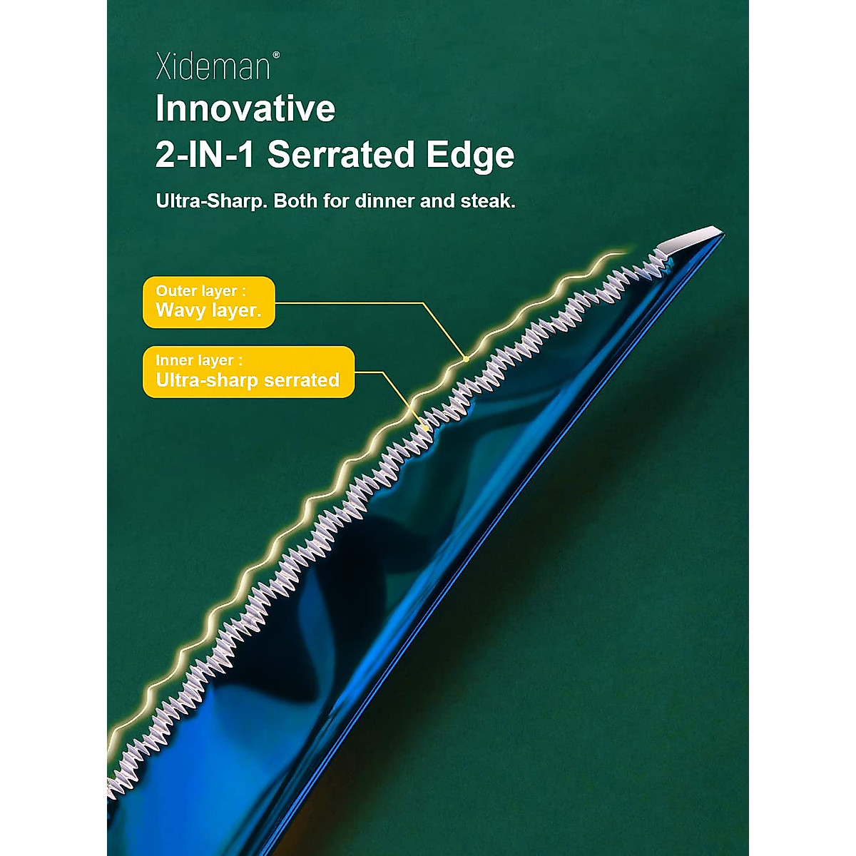 Xideman 16-Piece ​Modern Blue Hammered Silverware Set with Ultra Sharp 2-IN-1 Serrated knife, 18/10 Stainless Steel Flatware Set, Utensil Cutlery Set for 4 Person, Forks Spoons Knives Set