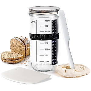 Jodhu Sourdough Starter Jar Kit 24oz with Spatula & Dough Scraper Wide mouth Aluminium lid thermometer Dated Rubber feeding band Sewn cloth cover for baking Sourdough culture bread yeast
