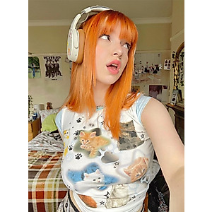 VIKYAN Womens Short Sleeve Cat Graphic Y2k T Shirts Summer Tees Tops for Teen Girls(White, Large)