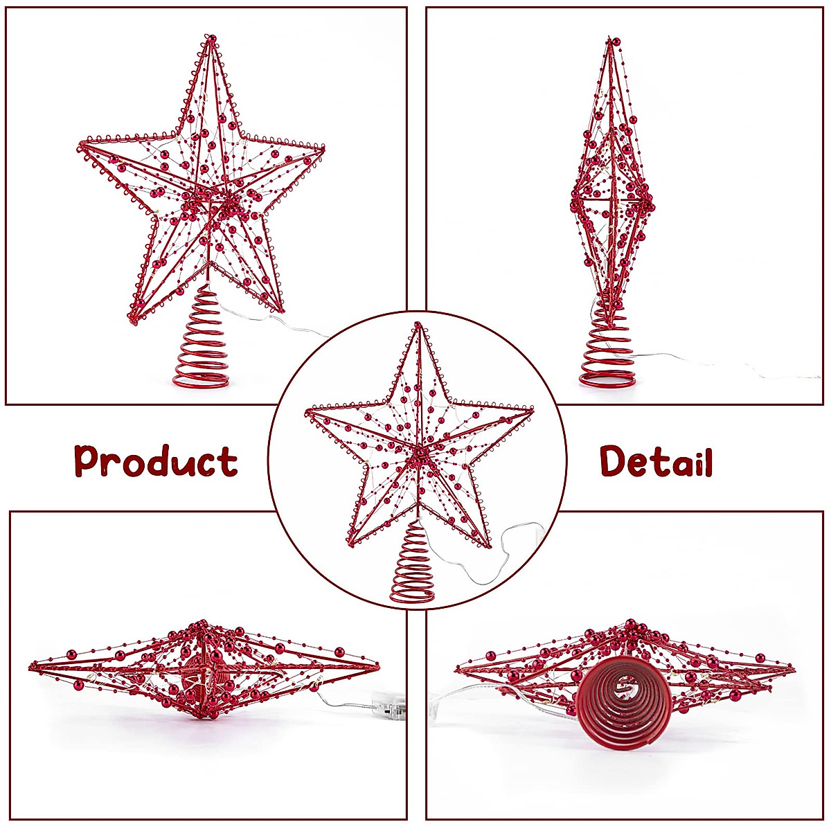 LAWOHO Christmas Tree Topper Star, 10 Inch LED Star Tree Topper, Red Beads Design Christmas Tree Star, Battery Powered Lighted Xmas Tree Topper for Holiday Seasonal Christmas Tree Decorations