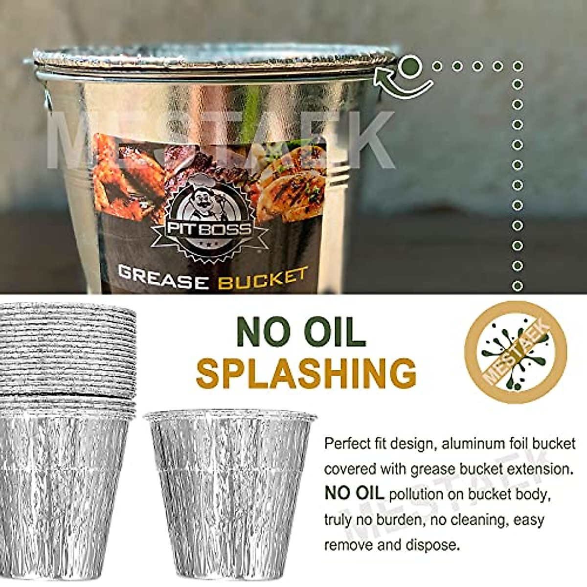 MESTAEK Grill Drip Bucket with 20-Pack Disposable Foil Liner,Compatible with Pit Boss Grills,Oklahoma Joe's,Rec Tec &Traeger,6.3"x6.0"