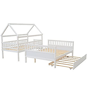 DEYOBED Twin Over Full House Shaped Wooden Bunk Bed with Trundle and Storage Staircase - Perfect for Kids and Teens, Maximizing Space and Convenience in Bedrooms