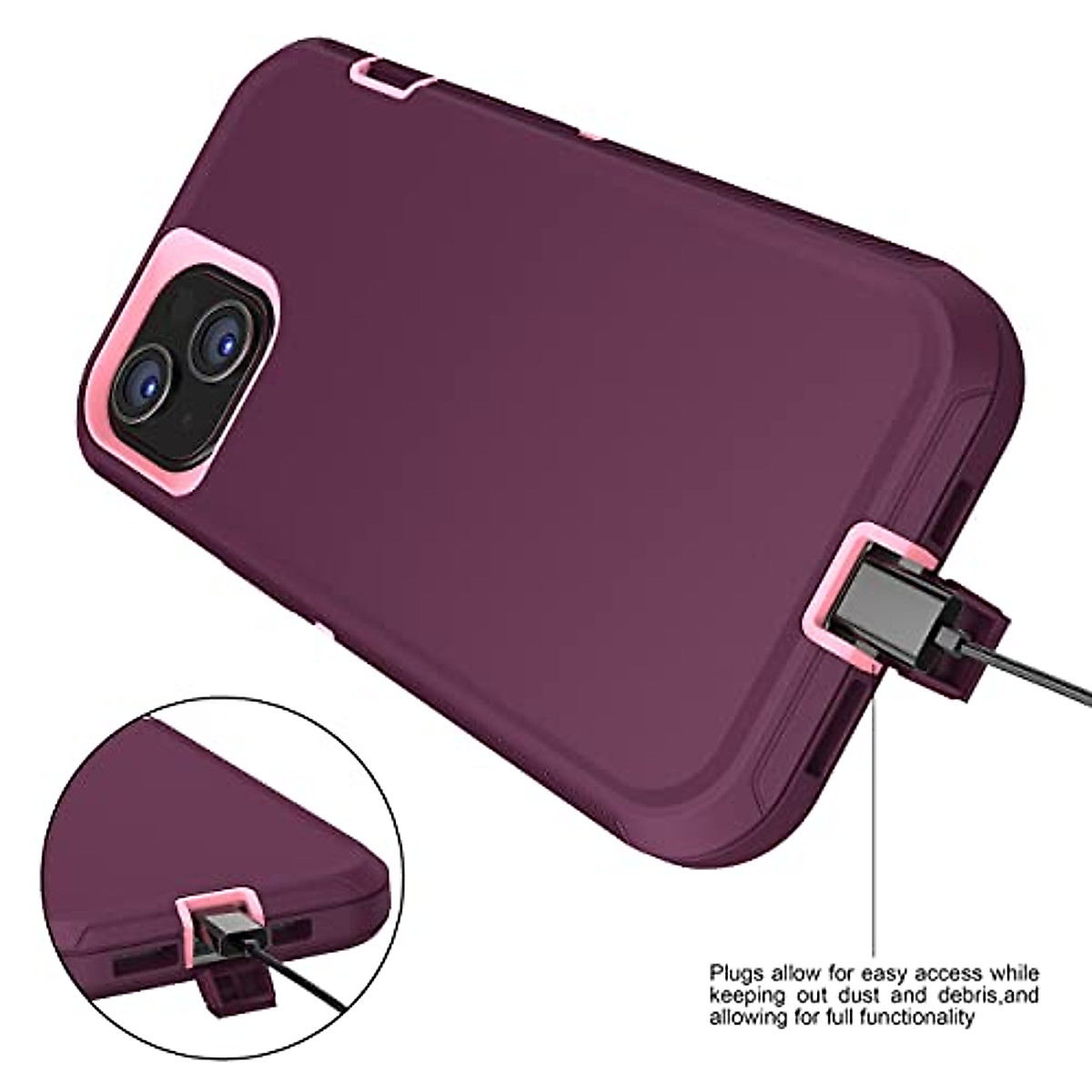 MXX Case for iPhone 13, with Tempered Glass Screen Protector,Camera Lens Protector 3-Layer Full Heavy Duty Body Bumper Cover Shockproof Protection Dustproof, for iPhone 13 6.1" (Plum/Light Pink)