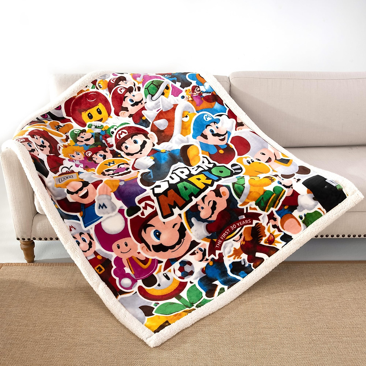 Kids Sherpa Flannel Throw Blanket 50" x 60 inches, Super Soft Cozy Plush Blanket for Indoor and Outdoor Use (Mario Bros, Throw(50'' × 60''))