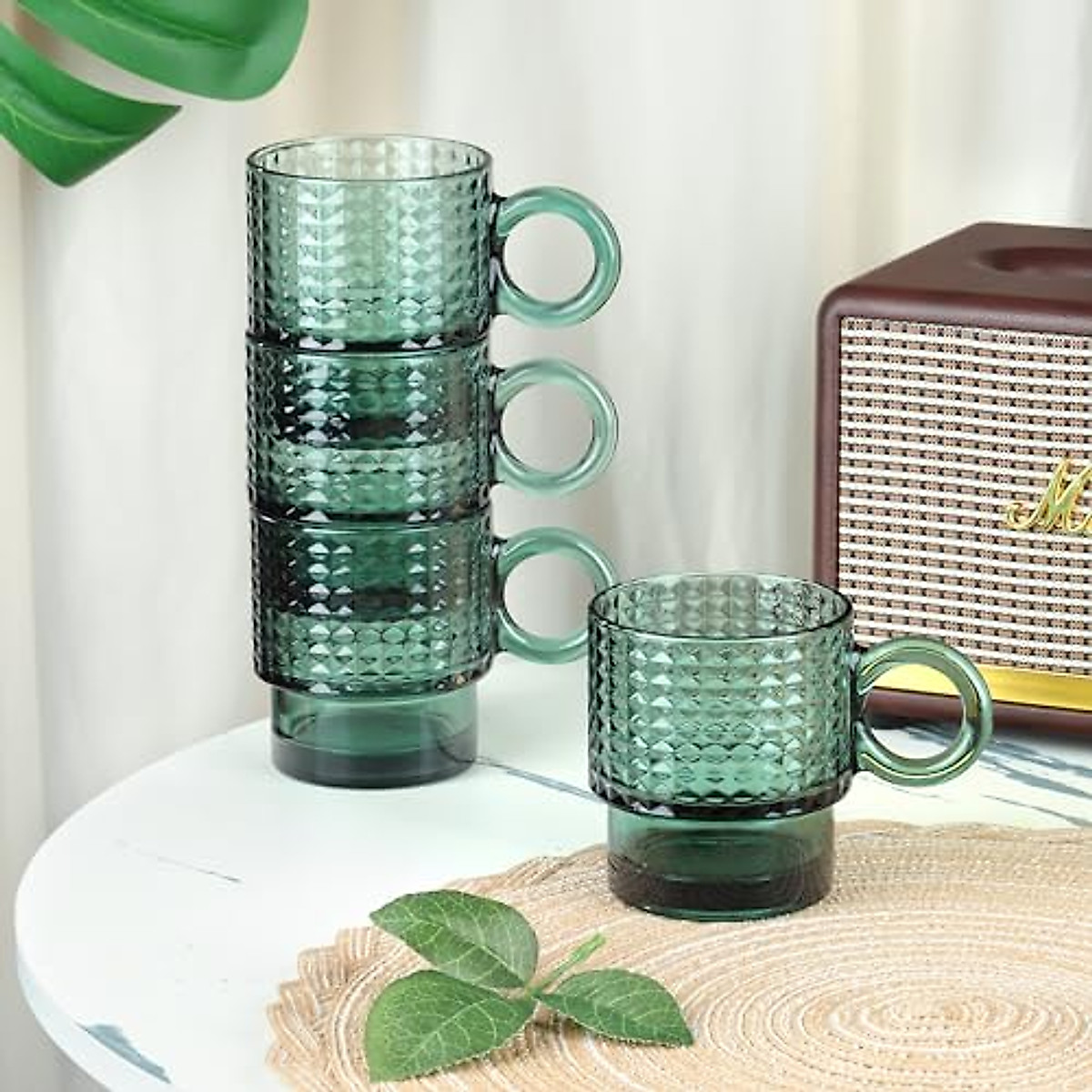 Joeyan Green Glass Coffee Mugs with Handle,Stackable Glass Coffee Cups with Diamond Design,Embossed Drinking Glasses for Espresso Cappuccino Latte Tea Milk,10 oz,Set of 4,Dishwasher Safe