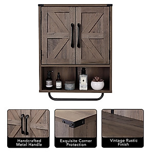 RUSTOWN Farmhouse Wall Storage Cabinet with Two Barn Door, Rustic Mounted Medicine Cabinet with Adjustable Shelf and Towel Bar, 3-Tier Wood Cabinet for Kitchen, Bathroom, Living Room (Washed Oak)