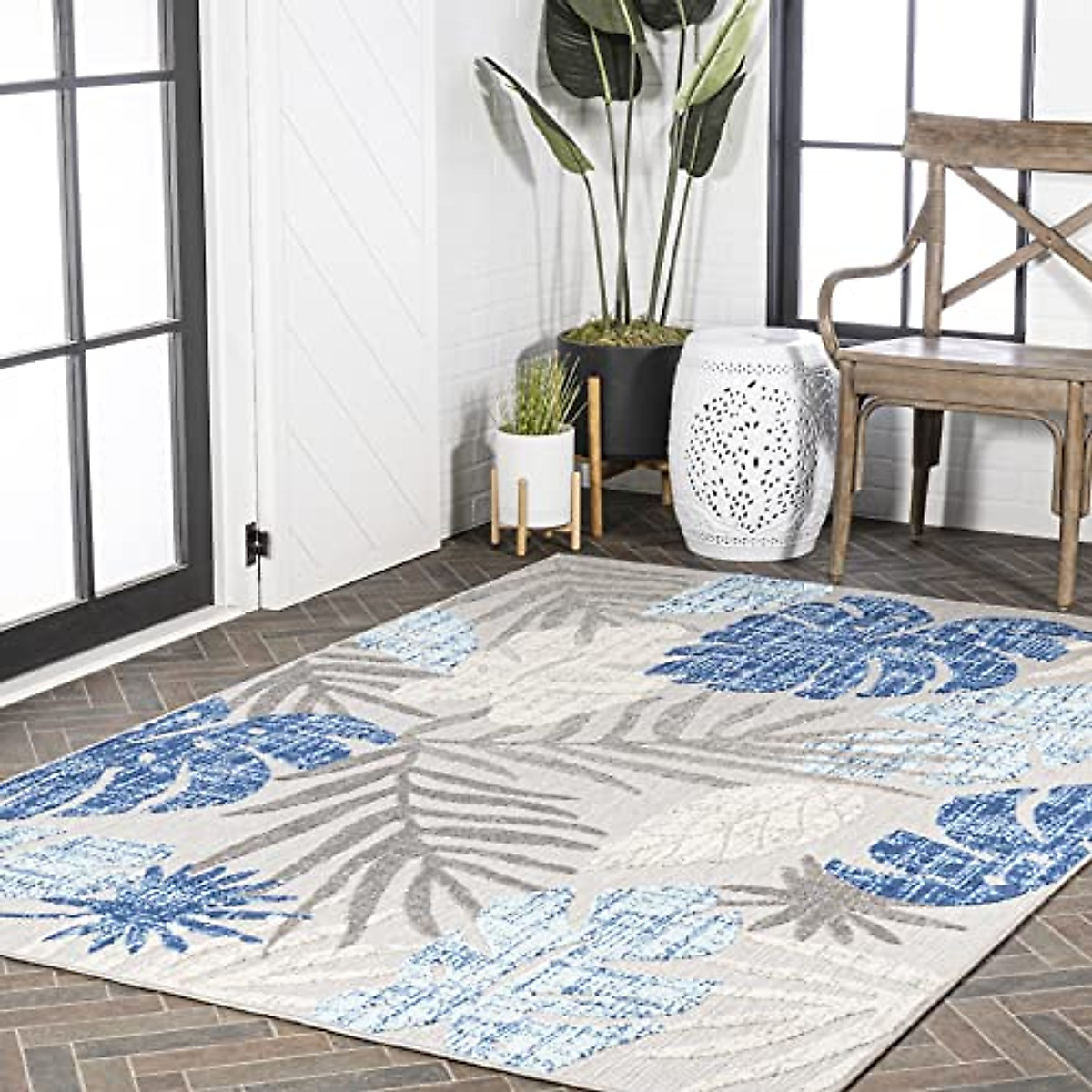 JONATHAN Y AMC113A-3 Monstera Tropical Leaf High-Low Indoor Outdoor Area-Rug, Coastal Floral Transitional Easy-Cleaning,Bedroom,Kitchen,Backyard,Patio,Non Shedding, 3 X 5, Light Gray/Navy