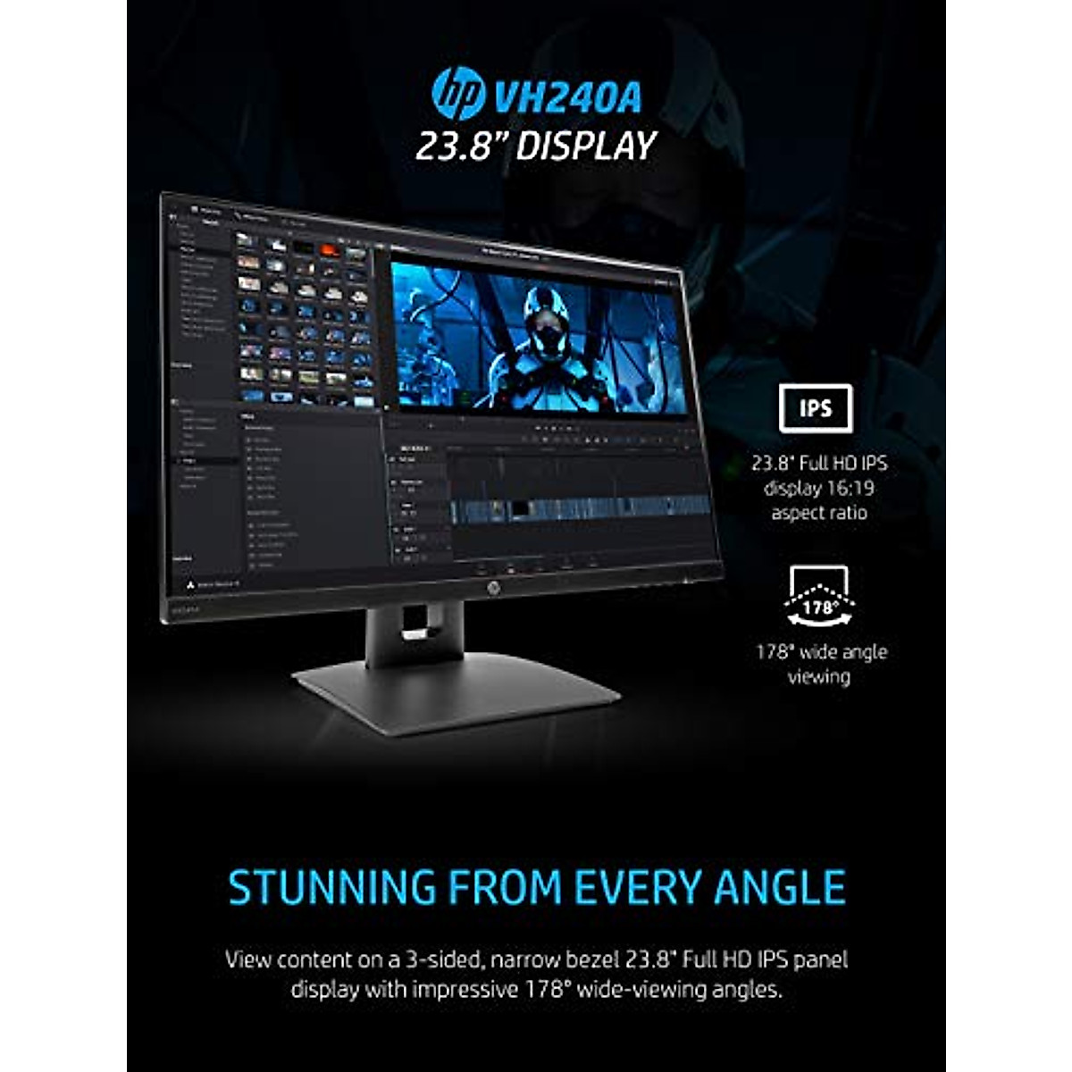 HP VH240a 23.8-Inch Full HD 1080p IPS LED Monitor with Built-In Speakers and VESA Mounting, Rotating Portrait & Landscape, Tilt, and HDMI & VGA Ports (1KL30AA) - Black