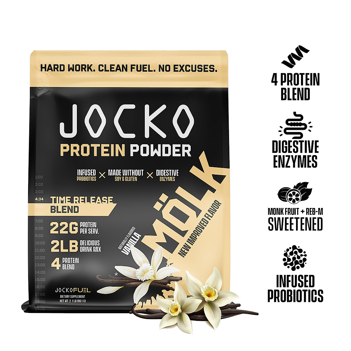 Jocko Mölk Whey Protein Powder - Keto, Probiotics, Grass Fed, Digestive Enzymes, Amino Acids, Sugar Free Monk Fruit Blend - Supports Muscle Recovery & Growth (2 LB, Vanilla)