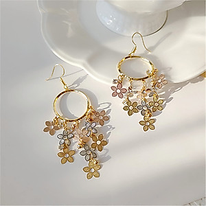 ANDPAI Bohemian Long Colorful Chandelier Tassel Flower Dangle Drop Hoop Earrings for Women(Gold)