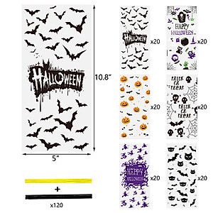 AouEtnay 120 Pcs Halloween Cellophane Treat Bags Candy Bags Halloween Goodie Bags with Tags Twist Ties for Goodie Cookie Candy Halloween Party Favor Supplies, 6 Styles
