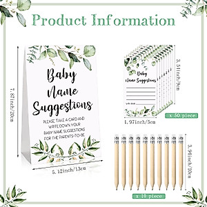 61 Pieces Baby Shower Games Include Greenery Baby Name Suggestion Sign and 50 Baby Shower Name Suggestion Cards with 10 Pencils for Baby Shower Party Decor