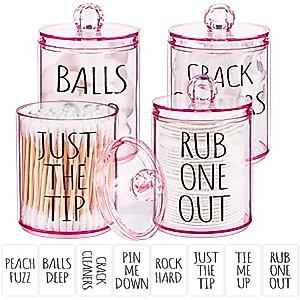 4 Pack Qtip Holder Dispenser with Lids and Labels - 10 oz Apothecary Jars Bathroom Vanity Canister Organizer for Cotton Balls, Pads, Swabs, Floss (Pink)