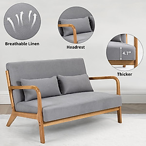 50" Loveseat Sofa Mid-Century Modern with Solid Wood Accent Chair with 2 Waist Pillows, Leisure 2 Person Couch Love seat for Living Room Office Bedroom Apartment Small Spaces, Light Gray