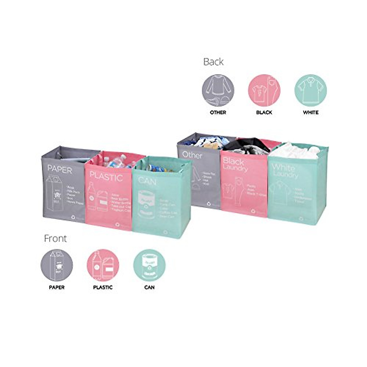 Ribens Recycle Bag Separate Recycle Bin Waterproof Waste Baskets Compartment Container Separate Recycling Bins Multipurpose Separator Box Set Front Recycle Separate Back Laundry Separate