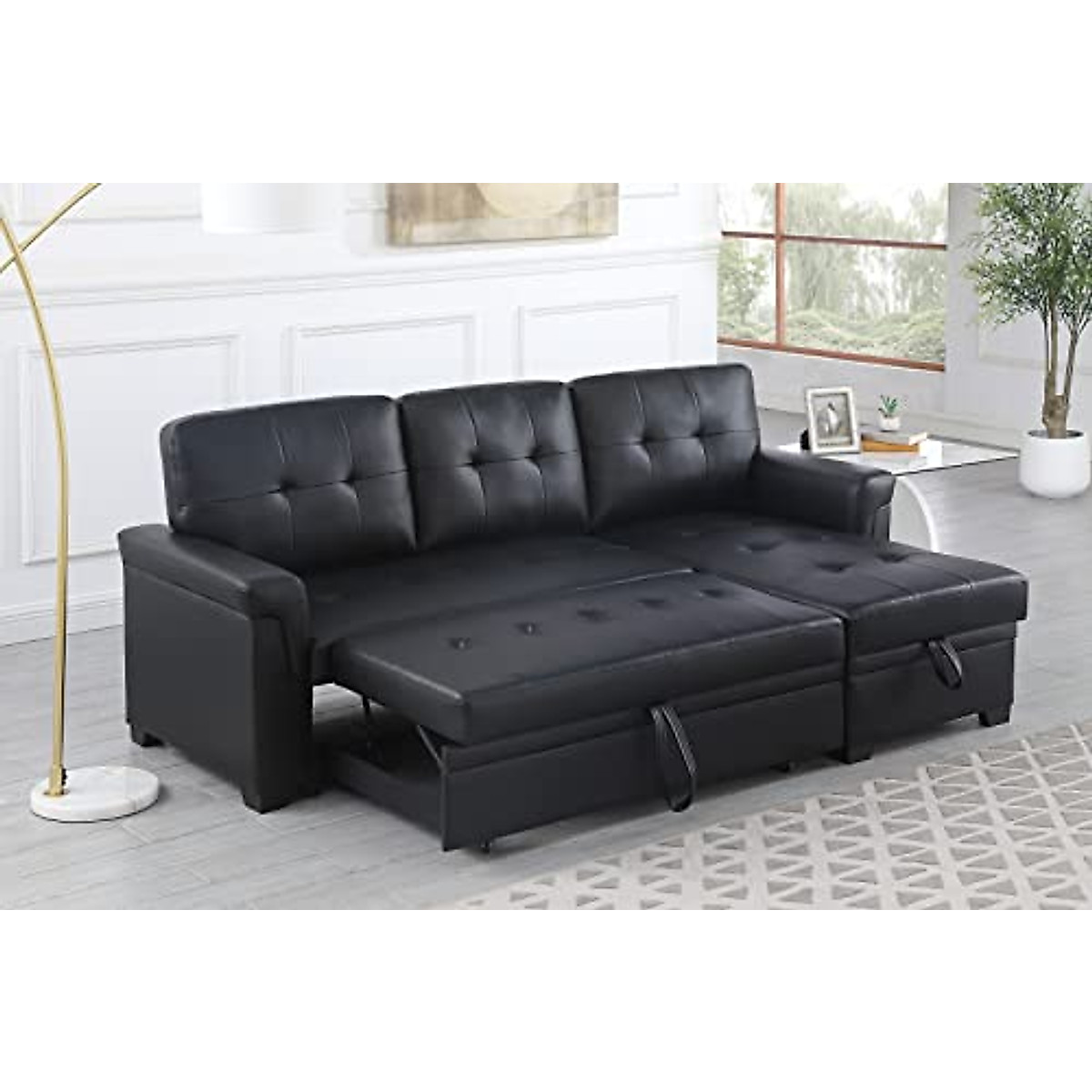KELRIA L-Shape Reversible PU Leather Sleeper Sectional Sofa with Storage Chaise, Modern Corner Couch with Arms for Living Room, Home Furniture, Apartment, Dorm, Black