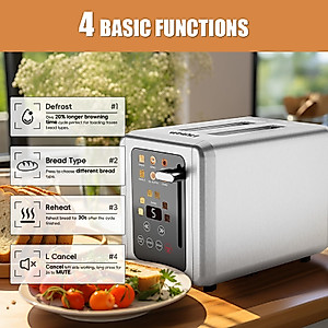 WHALL Touch Screen Toaster 2 Slice, Stainless Steel Digital Timer Toaster, 6 Bread Types & 6 Shade Settings, Smart Extra Wide Slots Toaster With Bagel, Cancel, Defrost Functions