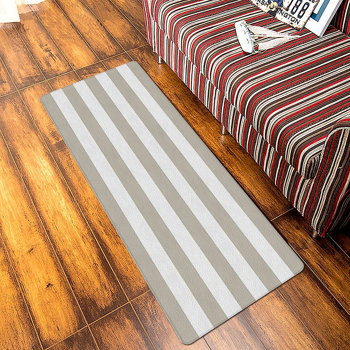 Beige Geometric Stripe Farm House Antifatigue Kitchen Bath Door Mat Cushioned Runner Rug,Washable Welcome Floor Sink Mat,Rustic Contemporary Waterproof Non-Slip Comfort Standing Doormat,18"x47"