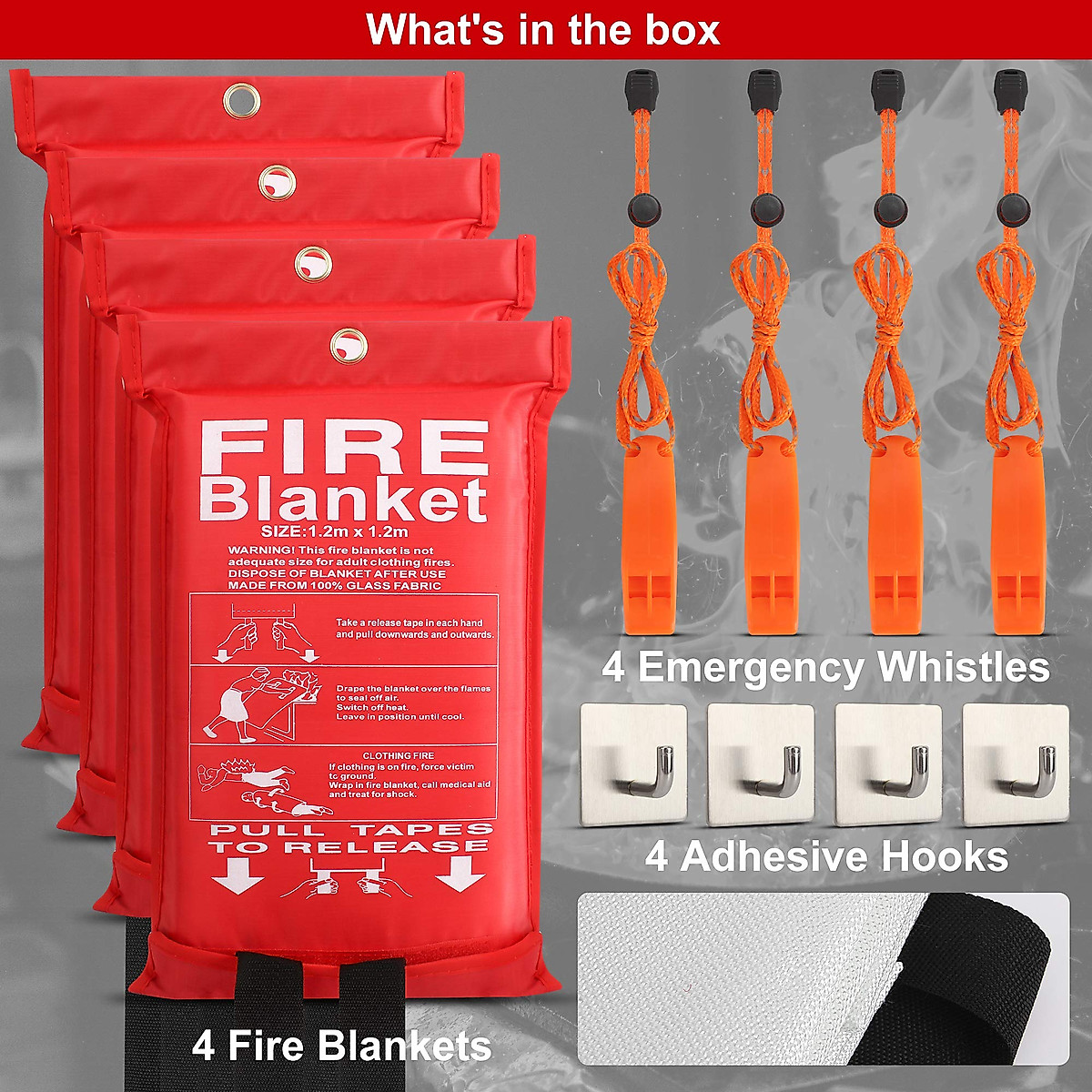 ELDAR 4-Pack Fire Blanket - X-Large Fiberglass Fire Blanket Fire Suppression Blanket - Fire Blankets Emergency for People - Fire Safety Blanket with Emergency Whistles - Fireblanket for Kitchen, Home