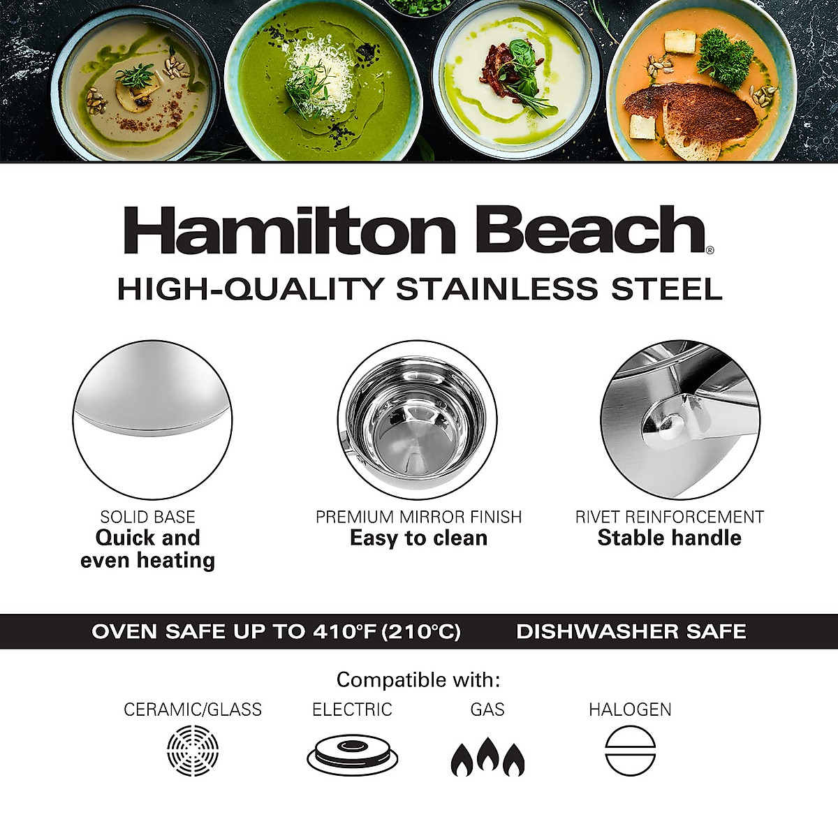 Hamilton Beach Sauce Pan Stainless Steel 2 Quart with Glass Lid, Ergonomic Handle, Multipurpose Sauce Pan with Lid, Small Pot for Cooking