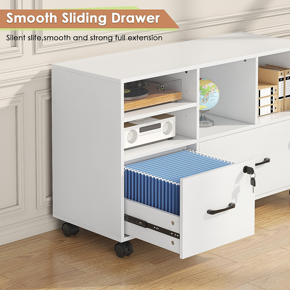 Semoic 2 Drawer Wood Lateral File Cabinet with Lock, Lockable Rolling Filing Cabinet with Open Storage Shelves, Printer Stand Office Storage Cabinet for Home Office Fits Files Legal/A4 Size, White