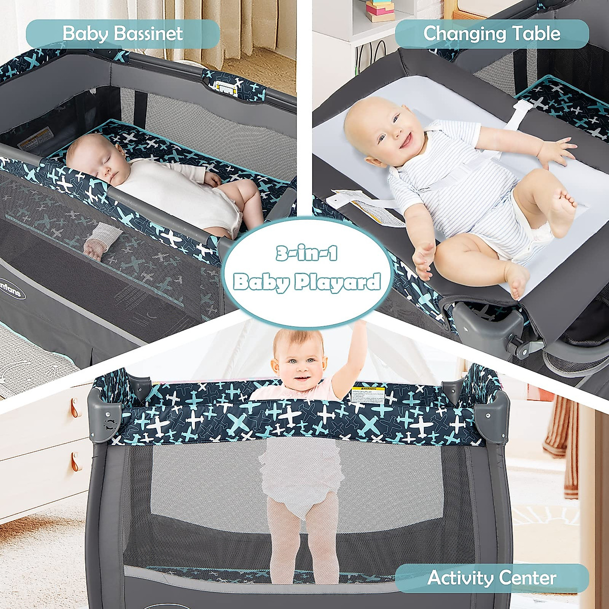 INFANS 4 in 1 Pack and Play, Portable Travel Baby Playard with Bassinet, Changing Table, Canopy, Mosquito Net, Hanging Toys, Music Box, Storage Bag, Large Playpen from Newborn to Toddlers (Pink)