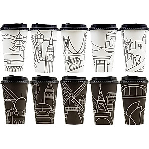 Youngever 70 Sets Disposable Coffee Cups with Lids, To Go Hot Coffee Cups, Durable Paper Cups with Lids, City Skyline Design