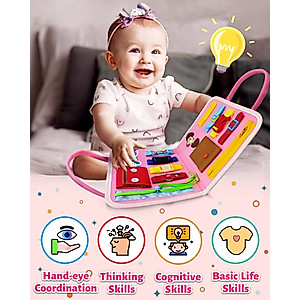 Exorany Busy Board Montessori Toys for Toddlers Sensory Toys Gifts for 1 2 3 4 Year Old Girls & Boys Preschool Toddler Activities Educational Travel Toy Learning Basic Dress Skills (Pink)