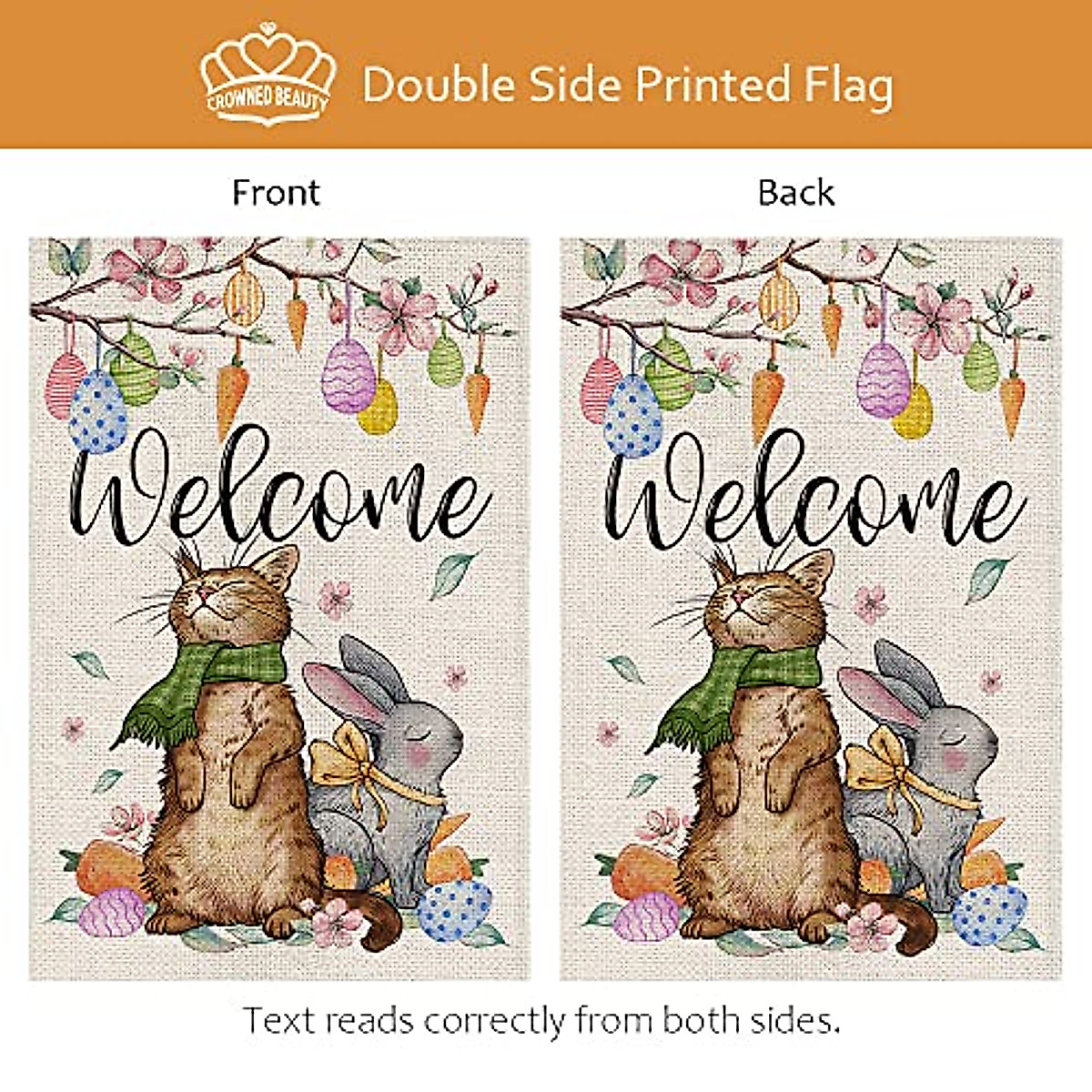 CROWNED BEAUTY Easter Garden Flag 12×18 Inch Double Sided Cat Bunny under Egg Tree Welcome Outside Vertical Small Holiday Yard Decoration