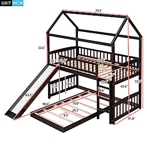 BIADNBZ L-Shaped House Bunk Bed, Twin Over Twin Size Beds with Slide and Roof, Wood Floor Bunkbed Frame, Space-Saving Design, Espresso