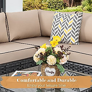 JAMFLY 5 Pieces Patio Furniture Sets, Wicker Outdoor Sectional Furniture with Glass Table and Cushions, Rattan Patio Conversation Sets for Garden, Poolside, Backyard(Khaki)