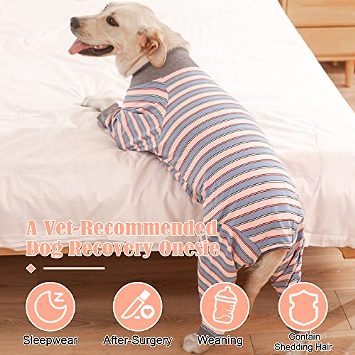 Recovery Suit Surgical Cloths for Large Dogs, Cone Alternative Neuter Skin Diseases Bodysuit, Dog Pajamas Shirt, Abdominal Wound Prevent Licking Dog Onesies(6XL, Pink Stripe)