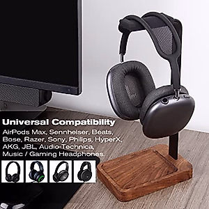 Walnut Wood & Aluminum Headset Holder, PHERKORM Desktop Headphone Stand, Universal Headphone Holder for Most Music Gaming headsets - Black Walnut
