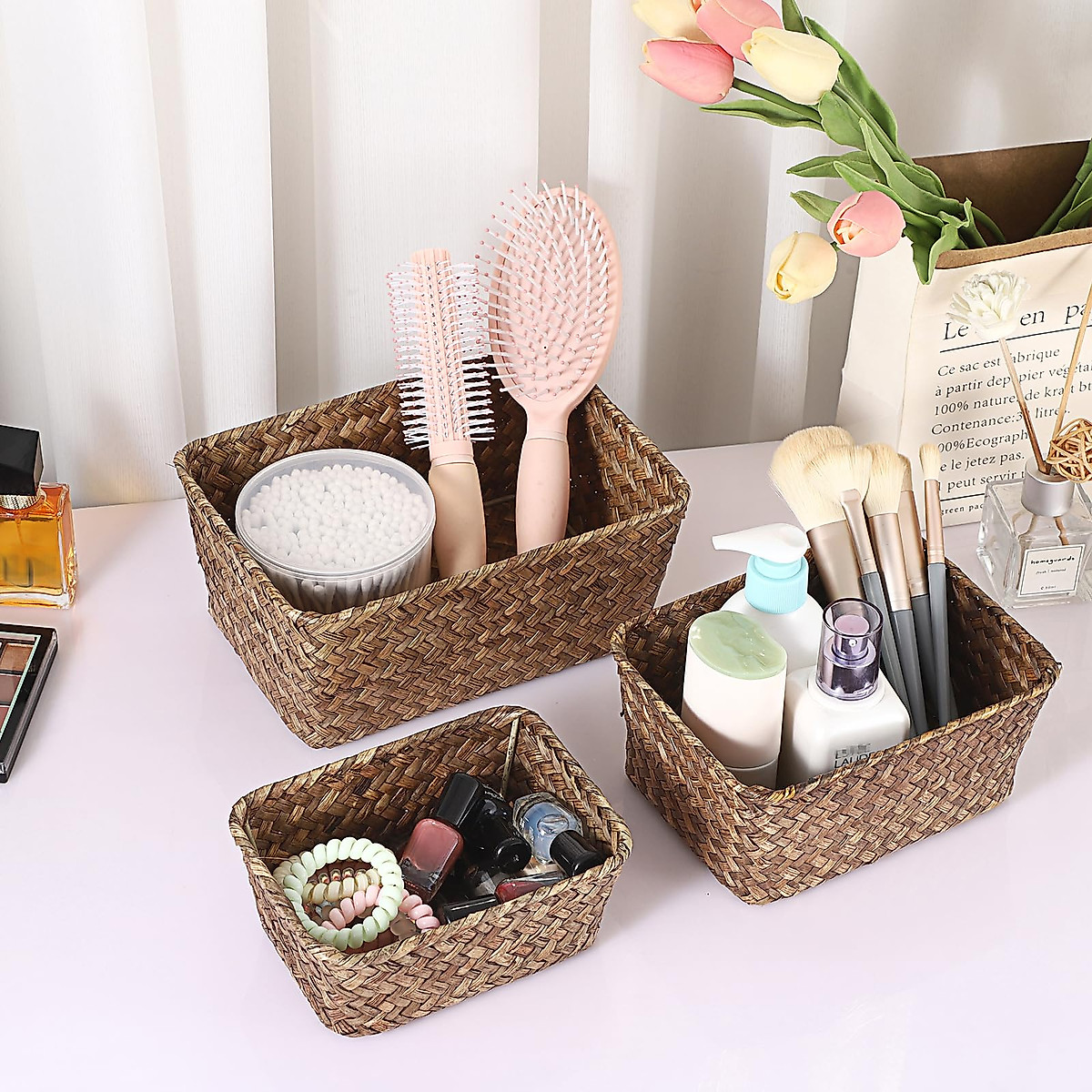 OGANAZI Small Woven Wicker Open Storage Baskets, Set of 3 Natural Seagrass Baskets Rectangular Basket Bins Woven Baskets for Shelf Closet Bedroom (Coffee)