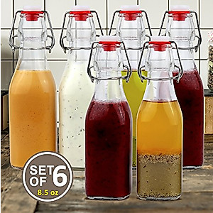 Estilo Swing Top Easy Cap Clear Glass Bottles, Round, 8.5 oz, Set of 6. Standard Size, Flip Top Bottles to store home brews, oils, vinaigrettes, wines, beer, teas