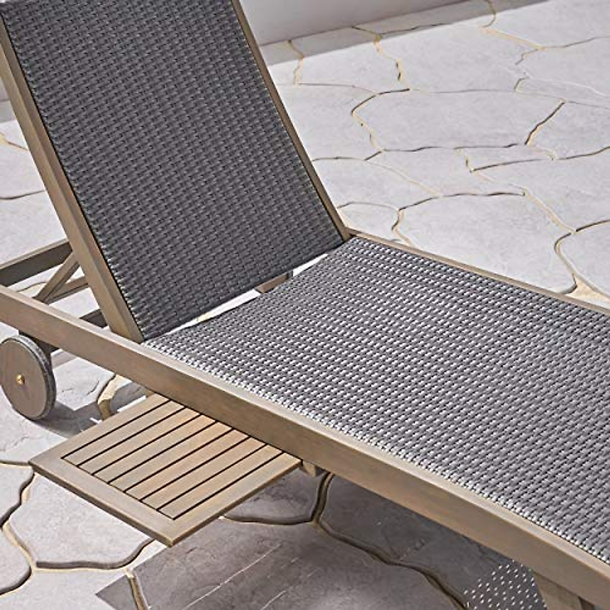 Great Deal Furniture Kimberley Outdoor Wicker and Wood Chaise Lounge with Pull-Out Tray, Set of 2, Gray