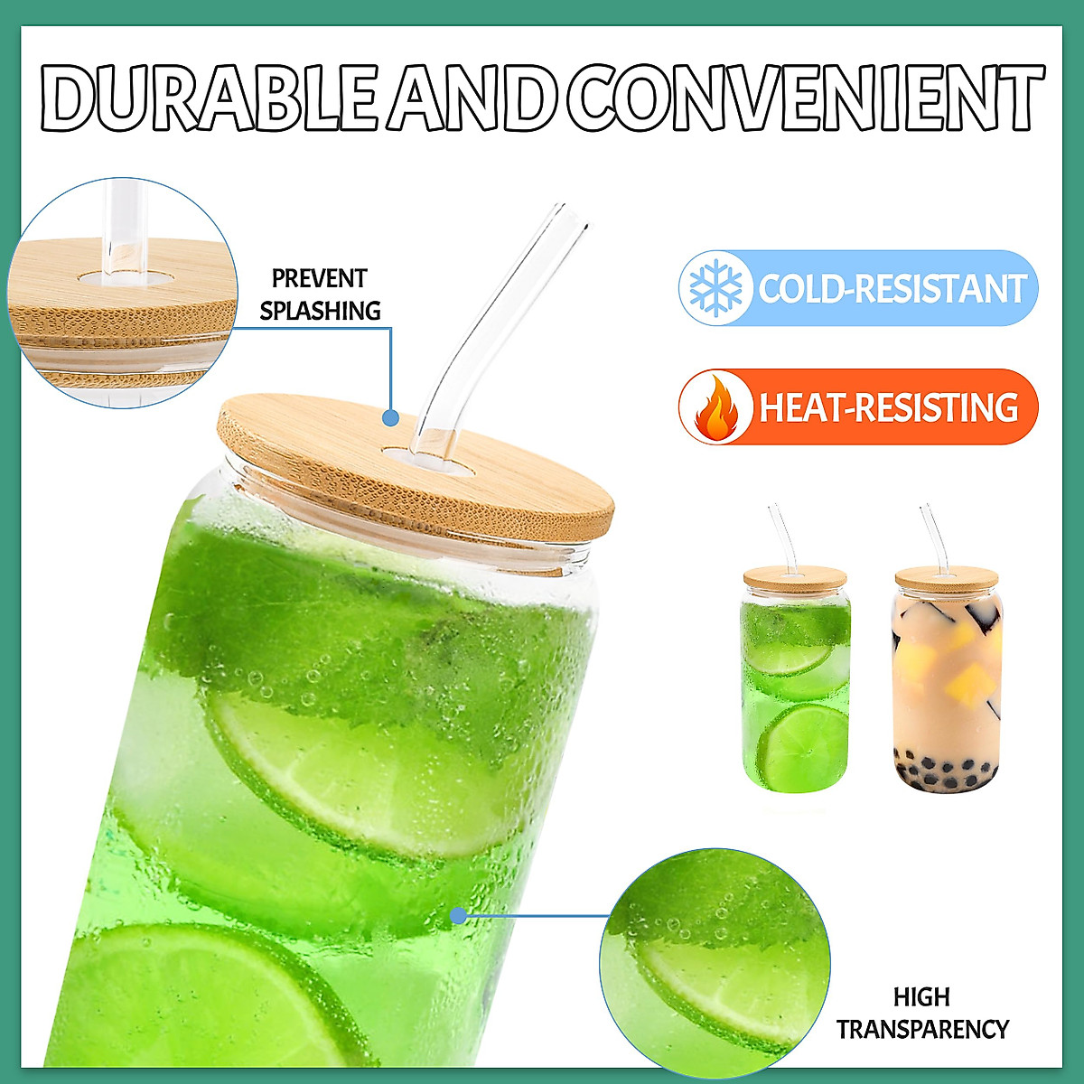 Joyclub 12 Set Glass Cups with Bamboo Lids and Straws 16oz Can Shaped Reusable Iced Coffee Cups with Lids, Drinking Glasses Tumbler with Straw and Lid for Soda Boba Tea Cocktail Whiskey Gift