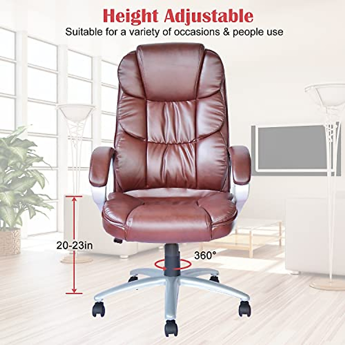 Ergonomic Office Chair Desk Chair 250 LBS Capacity High Back Adjustable Height Computer Chair w/Armrests Lumbar Support, PU Leather Rolling Swivel Task Chair Modern Executive Home Desk Chair(Brown)