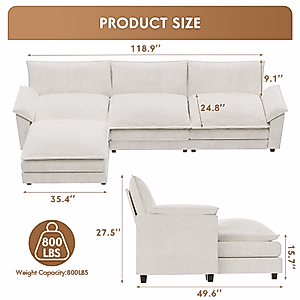 YESHOMY Sectional Modular Sofa L Shaped Chenille Fabric Couch with High Supportive & Soft Sponges and Removable Ottoman, Sleeper Comfy Upholstered Furniture for Living Room, White