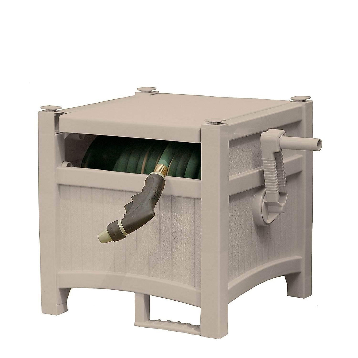 Suncast 100 Foot Capacity Hideaway Garden Hose Reel for 1.9 inches Hose Outdoor Storage with Stay Up Lid and Crank Handle, Taupe 2 Pack