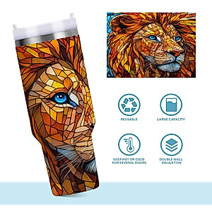 Slewiaeky Cartoon Lion Spring 40 oz Tumbler with Handle Straw and Lid Wild Stainless Steel Vacuum Insulated Reusable Water Bottle Glasses Travel Mug Thermal Cup for Home Office Car